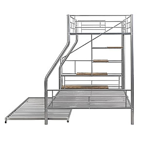 RORIGAT Twin Over Full Bunk Bed with Trundle,Metal Bunk Beds with Storage Staircase and Guard Rail,Bunk Bed Twin Over Full Size for Kids Boys Girls Teens Bedroom,Silver