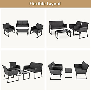 Tangkula 4 Pieces Wicker Patio Furniture Set with Quick Dry Foam, Patiojoy All Weather Resistant Outdoor Conversation Set, for Backyard, Poolside, Deck, Balcony, Garden (1, Mix Brown)