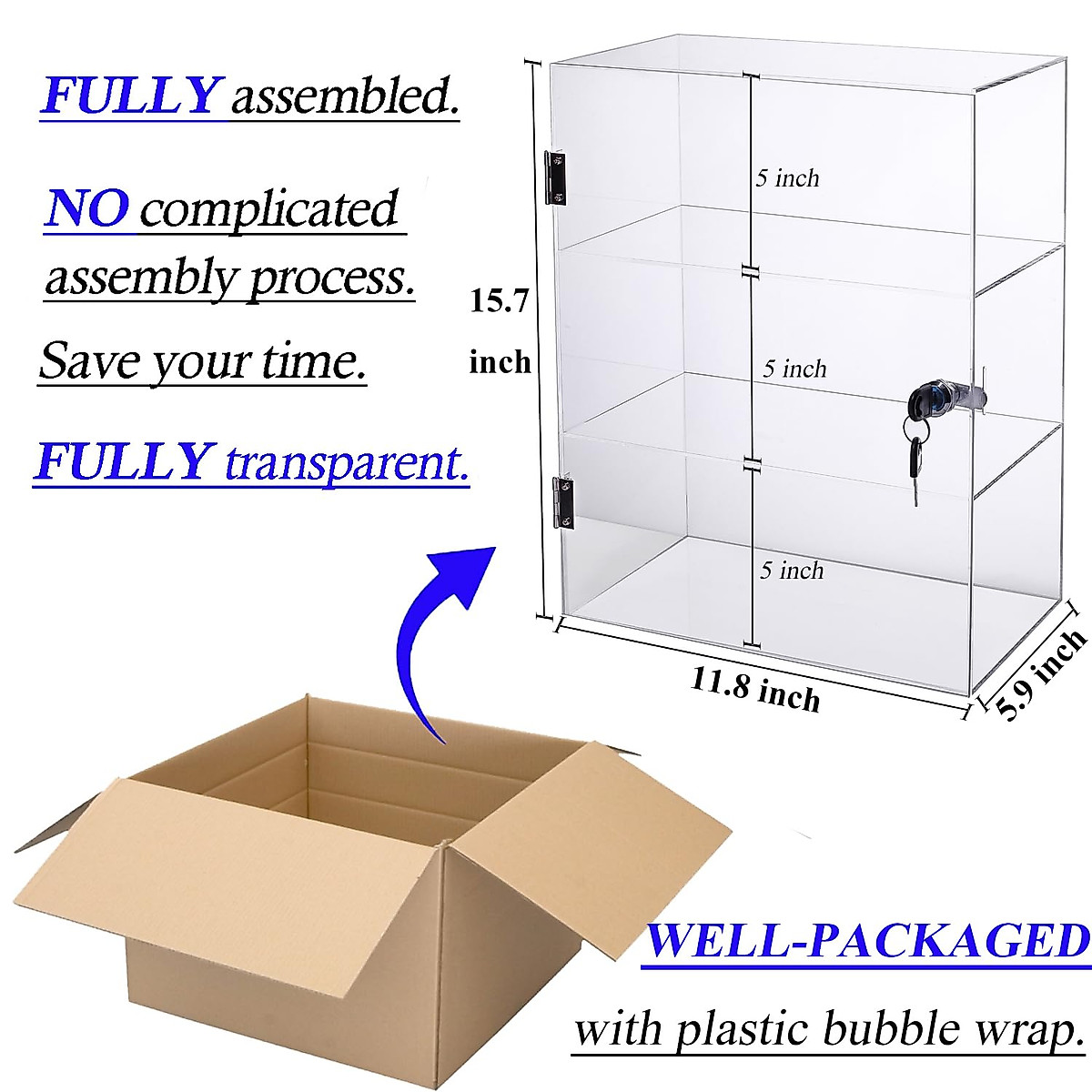 DuvinDD Acrylic Display Case with Lock, Countertop Locking Display Cabinet with Shelves and Door, Clear Acrylic Storage Cabinet Collectibles Showcase, Safe Organizer for Home Office 11.8x5.9x15.7inch