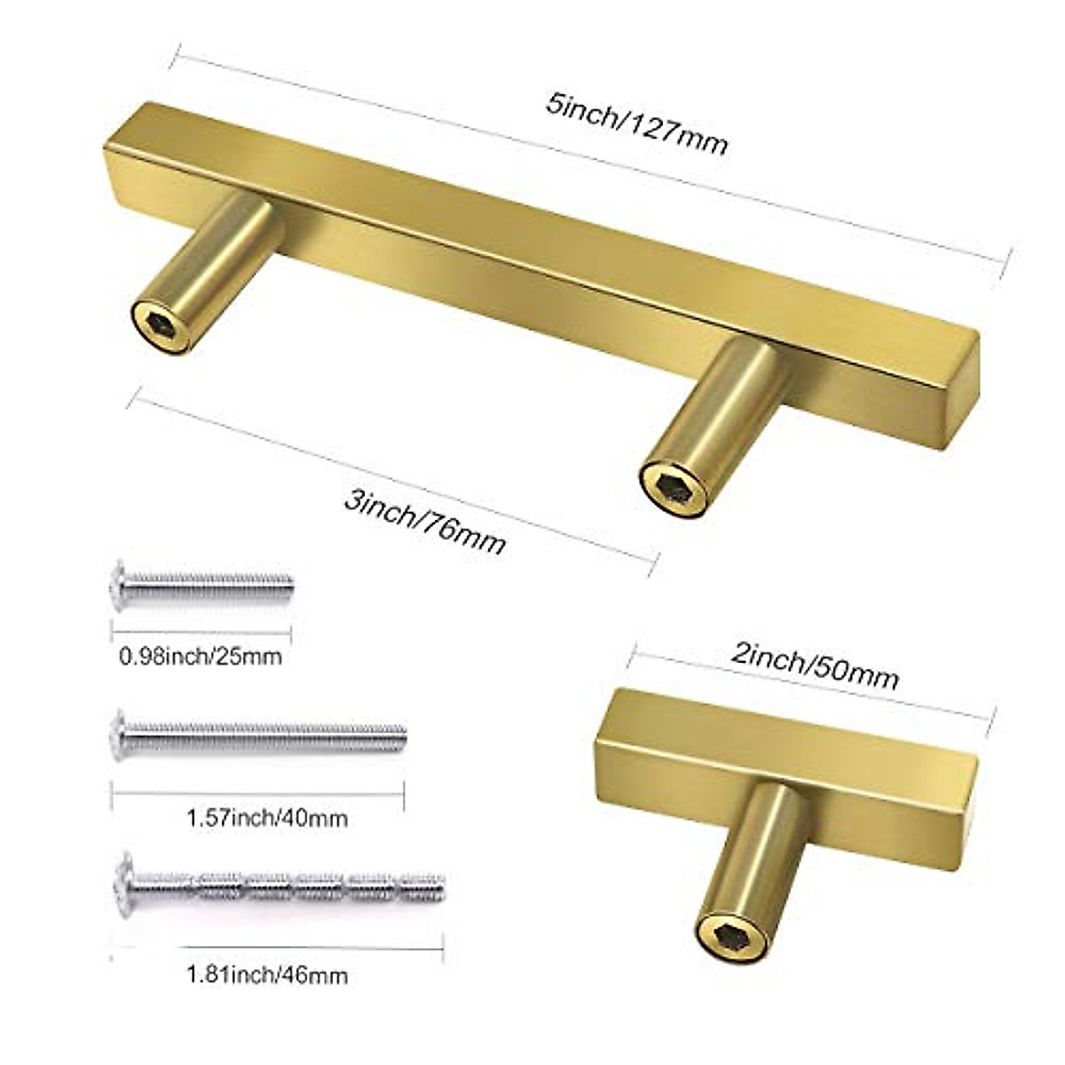 SUNRIVER 20 Pack Hollow Brushed Brass Golden Square Bar Cabinet Handles Pulls 10pcs Gold Hardware Cabinets Pulls 5" and 10pcs Stainless Steel 2" Cabinet Handles T Bar Pulls for Bathroom