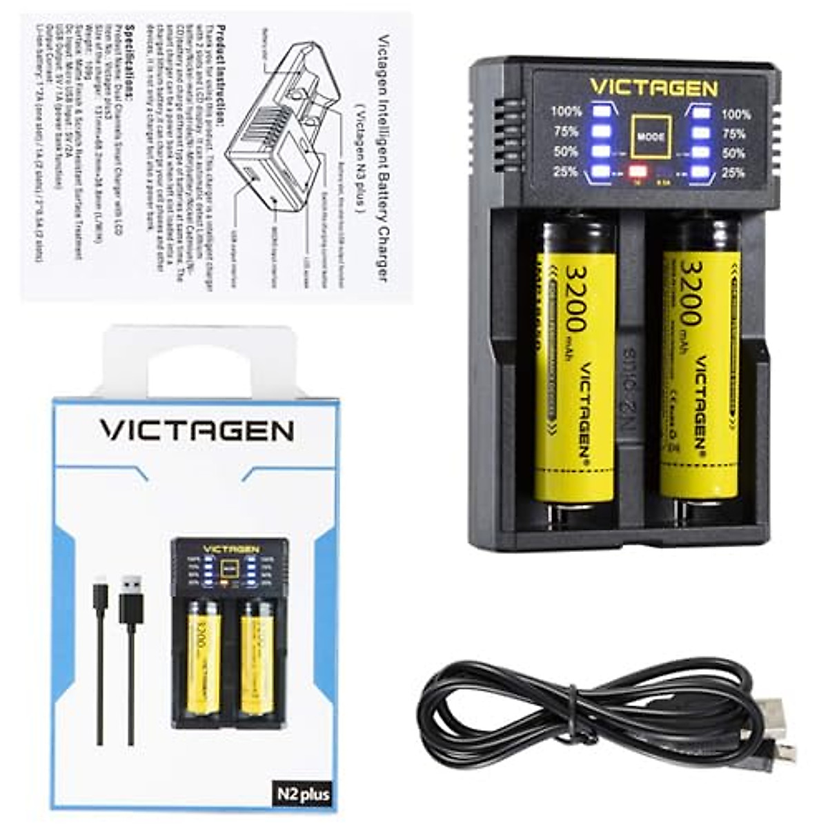 VICTAGEN Universal Smart Charger, Speedy 18650 Battery Charge for 3.7V Batteries 14500 Lithium ion 18490 18350 17670 17500 16340(RCR123), Ni-MH Ni-CD C IMR 10440 AA, AAA Rechargeable Battery