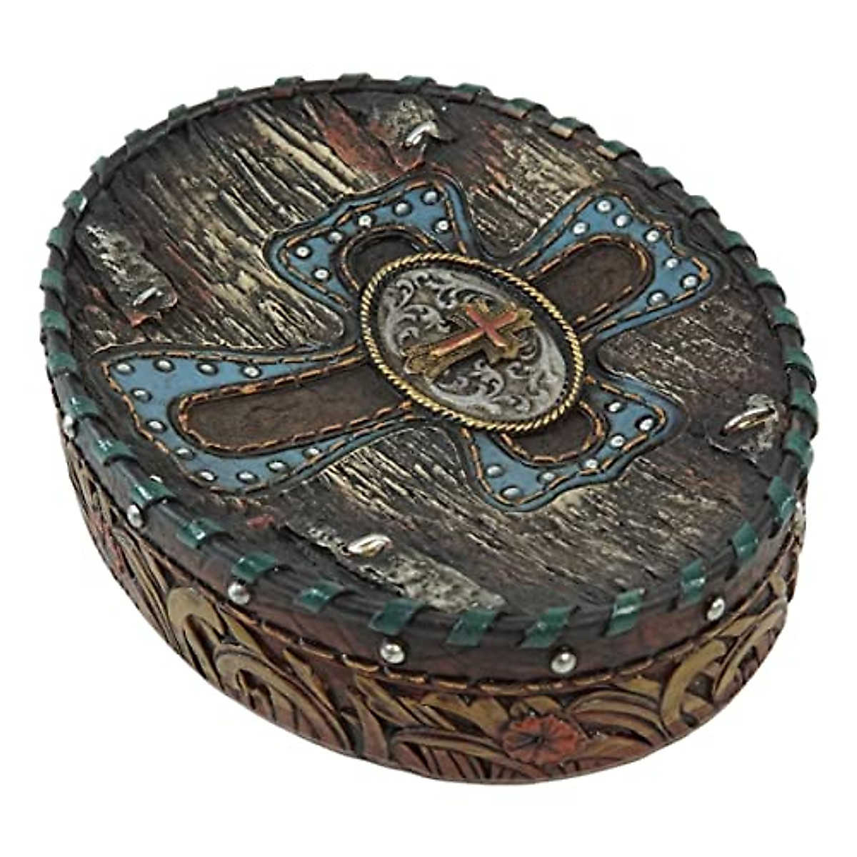 Ebros Gift Rustic Western Old World Country Blue Cross with Concho and Nailheads in Faux Distressed Wood Finish with Floral Patterns (Tumbler Cup, Soap Dish and Toothbrush Holder Set of 3)