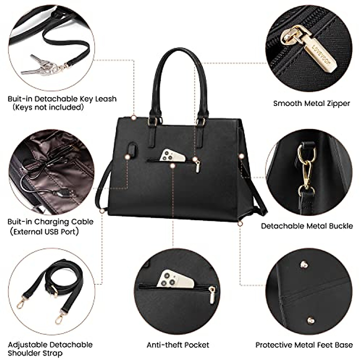 LOVEVOOK Laptop Bag for Women, Large Computer Tote Bag Handbag Shoulder Bag With Clutch Purse, Business Work Briefcase Travel Bag, 2 PCs 15.6-inch, Black-White