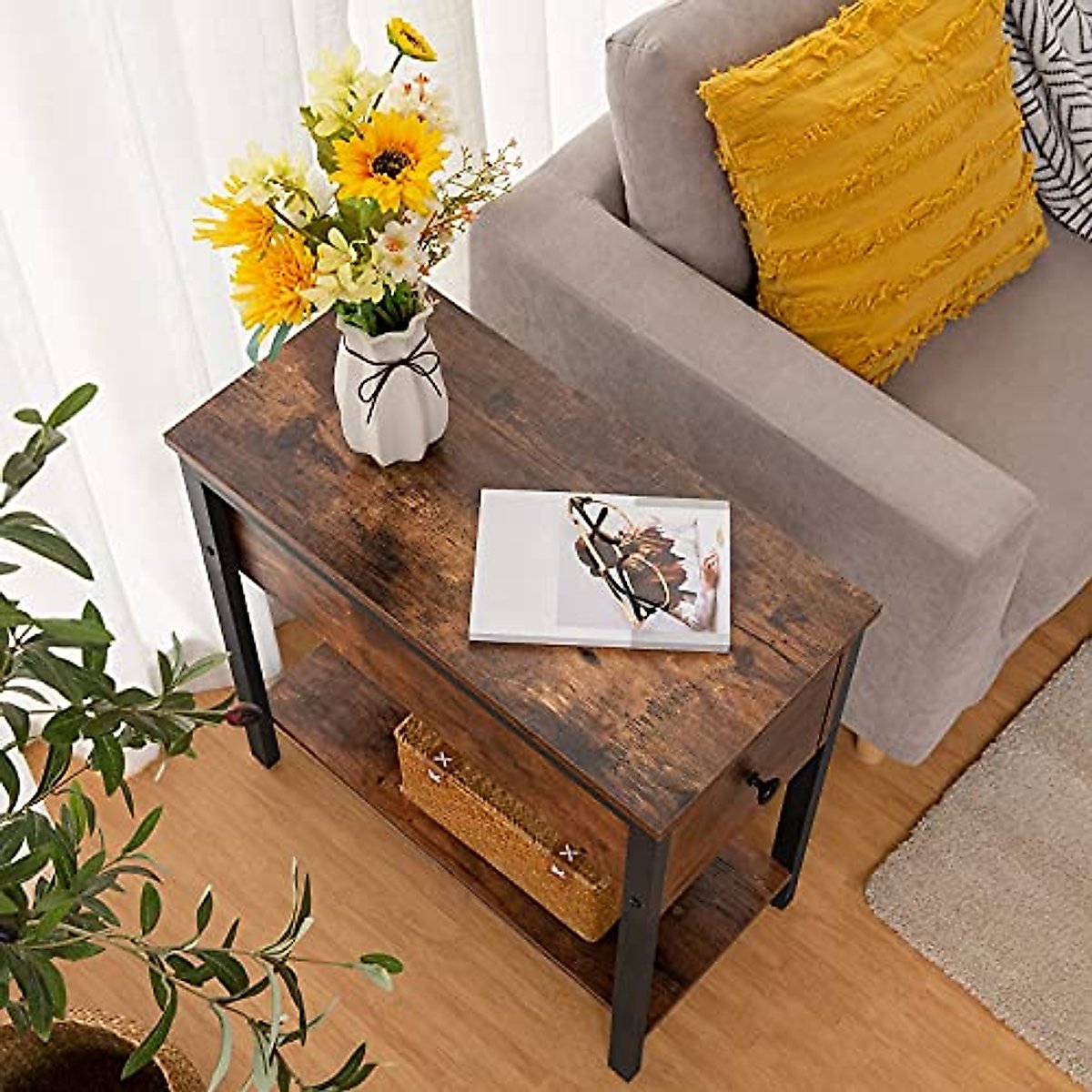HOOBRO Side Table, 2-Tier Nightstand with Drawer, Narrow End Table for Small Spaces, Stable and Sturdy Construction, Wood Look Accent Furniture with Metal Frame, Rustic Brown and Black BF04BZ01