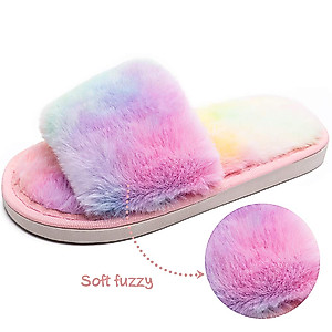 techcity Boys Girls Fuzzy House Slippers Cute Comfy Faux Fur Slip On Fluffy Plush Open Toe Home Slides for Kids Indoor Outdoor Warm Shoes (Rainbow, numeric_10)