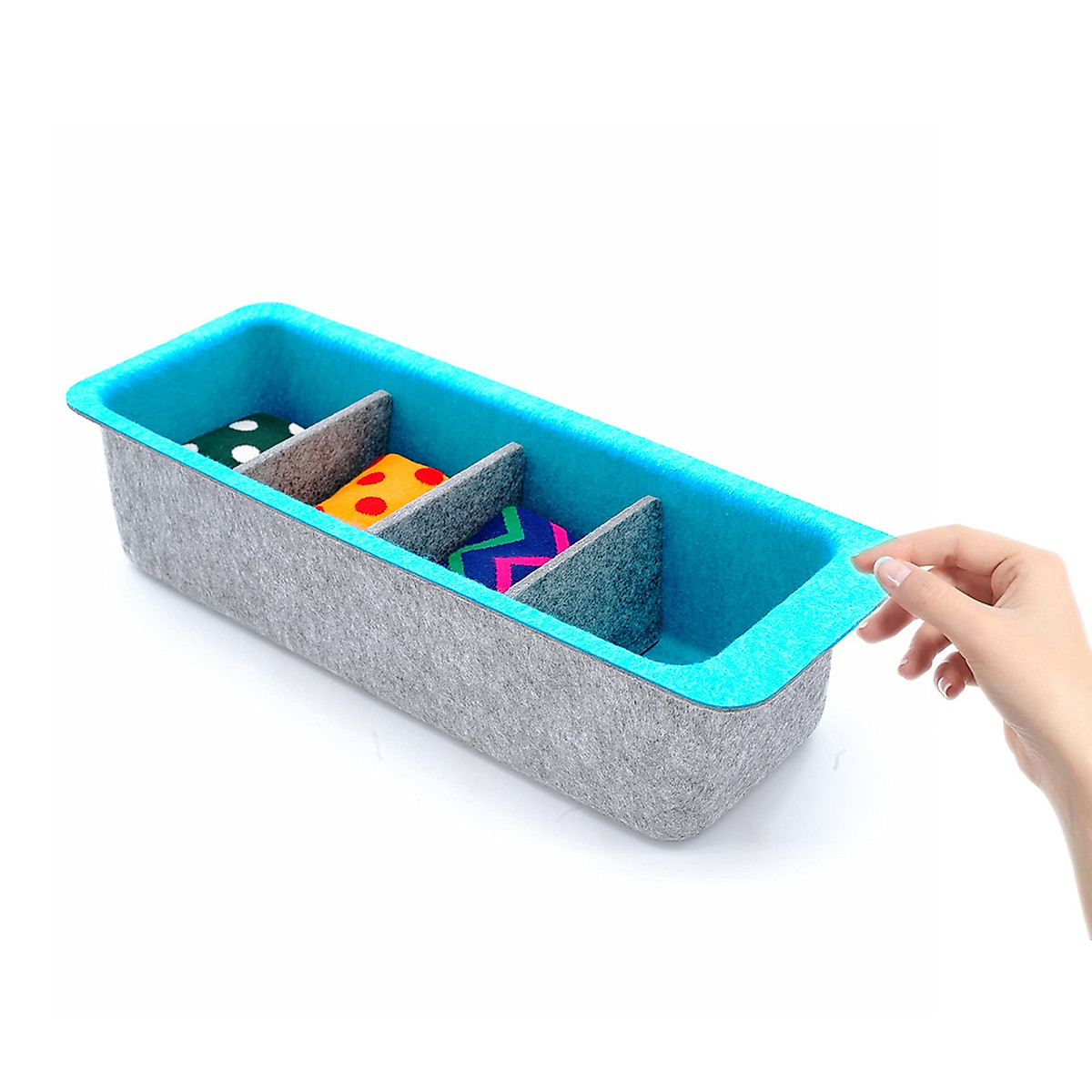 WELAXY Cabinet Pantry Organizers Desk drawer bin with 4 adjustable compartment Felt multi-storage for Kitchen home office closet Junk Socks Ties organizing (Turquoise)