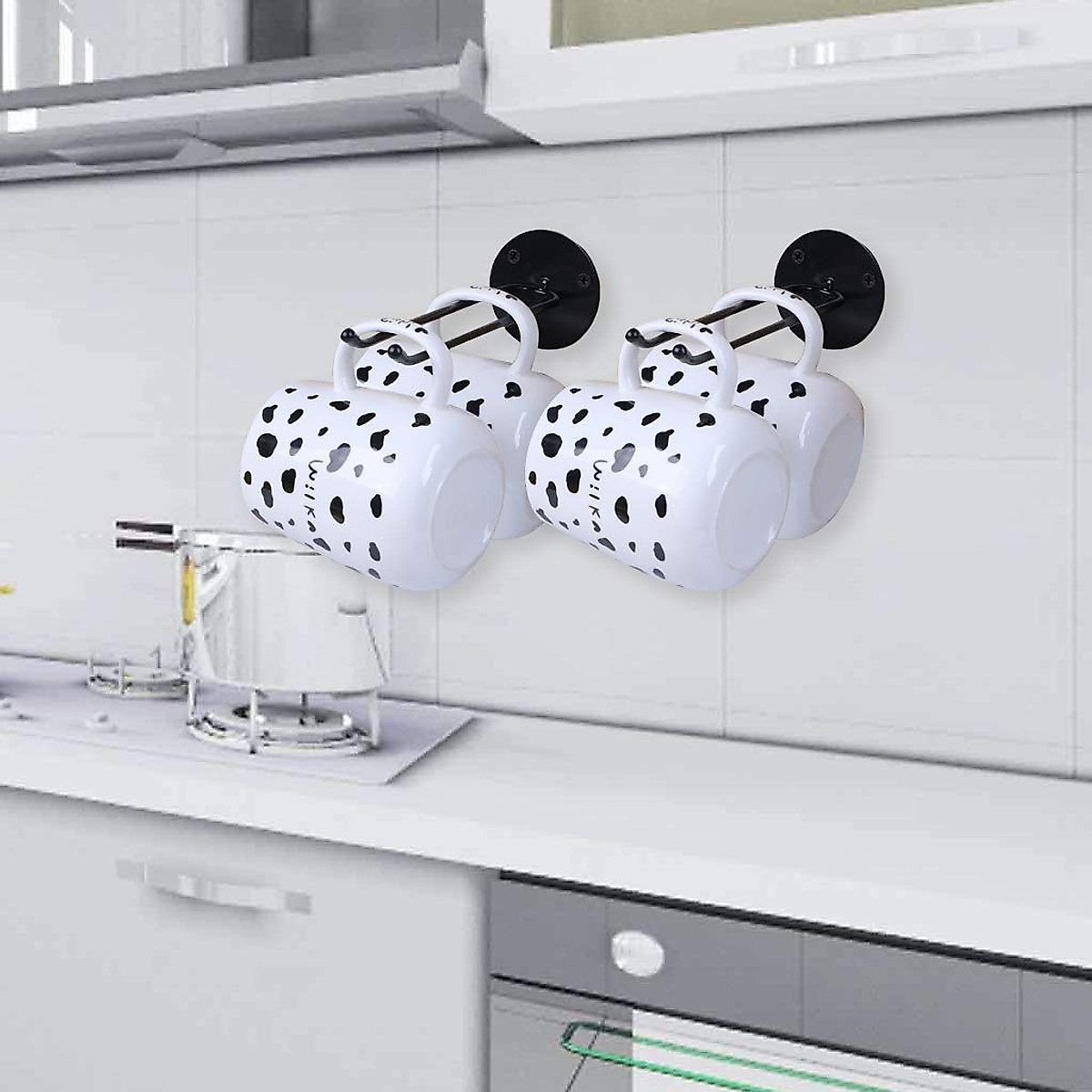 Fvstar 4 Sets Wine Glass Holder 2 in 1 Coffee Mugs Wine Glass Hanger Racks Wall Mounted Stemware Hooks Cups Bracket Organization and Storage for Bar Home Cafe (Black)