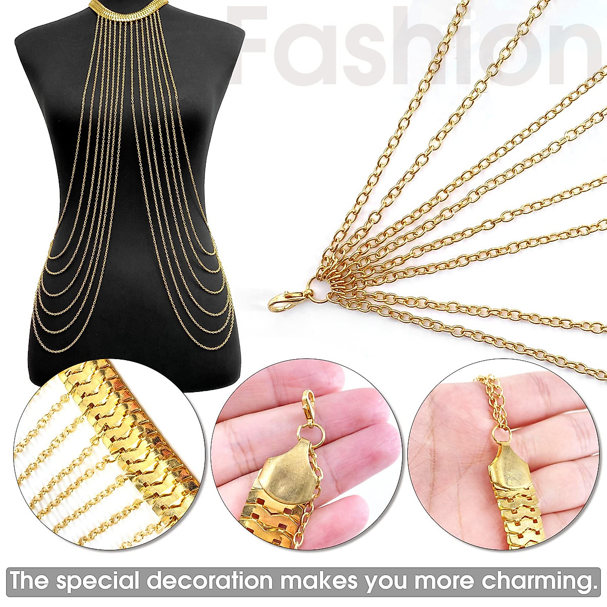 Yomiie Body Chain Layered Gold Tassels Necklace Fashion Jewelry Belly Waist Bra Boho Hot Bikini Beach Harness Anniversary Festival Gift for Women Lady