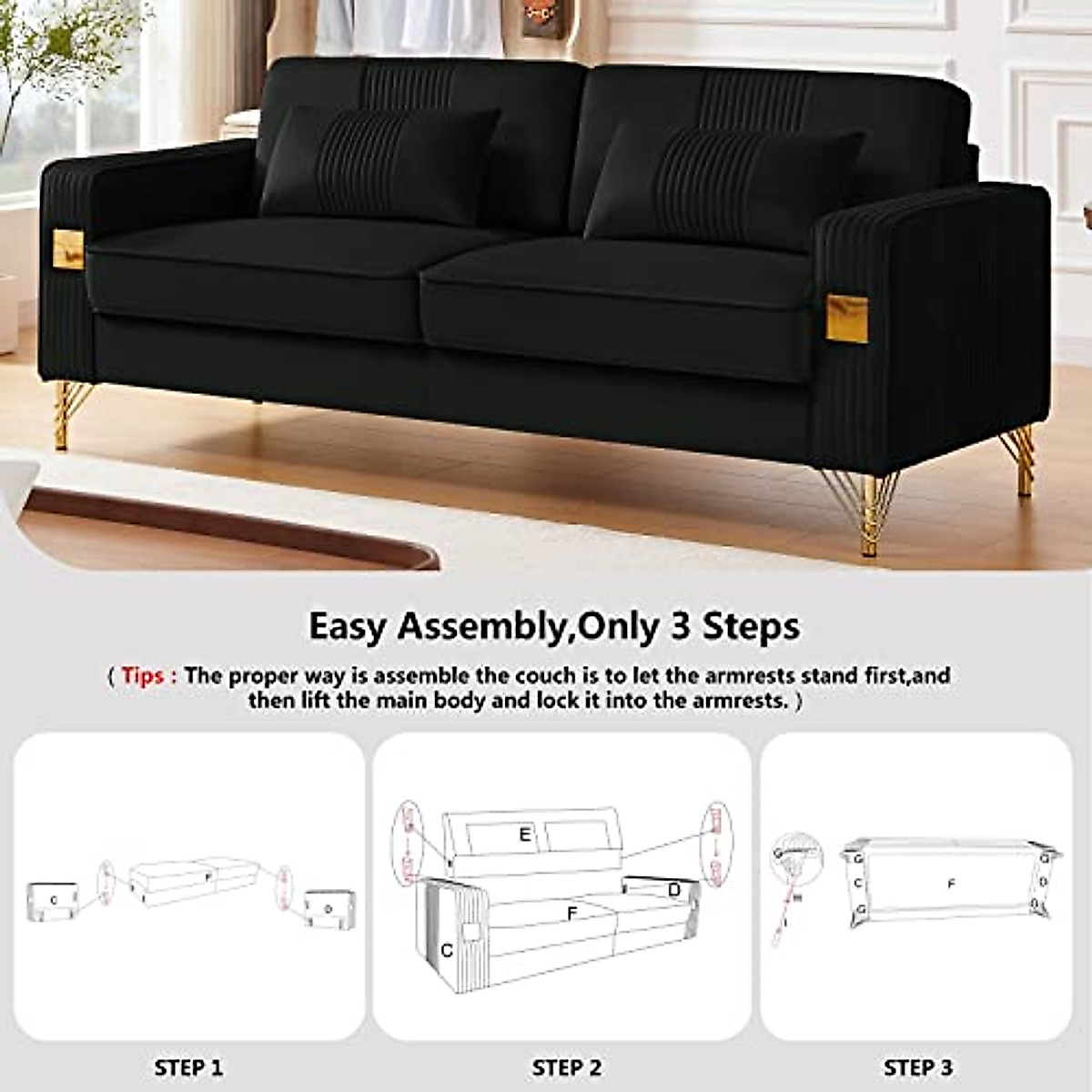 Betoko Velvet Upholstered Sofas Couches for Living Room Modern Channel Tufted Small 3 Seater Sofa Couch with Golden Metal Legs for Bedroom Office and Small Spaces (Black)