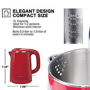 Secura Stainless Steel Double Wall Electric Kettle Water Heater for Tea Coffee w/Auto Shut-Off and Boil-Dry Protection, 1.0L (Red)