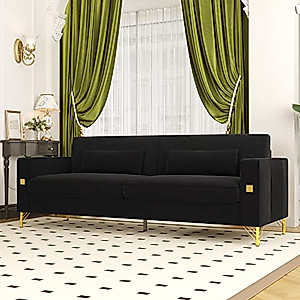 TUBAIHON 85" Black Velvet Couch Living Room Sofa for 3 People Modern Sofa with Gold Metal Lges & Firm Frame for Bedroom/Office