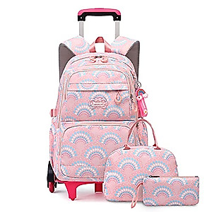 Mfikaryi 3PCS Girls Rolling Backpack Elementary Student Schoolbag Travel Trolley Bag Wheeled Bookbag with Lunch Box