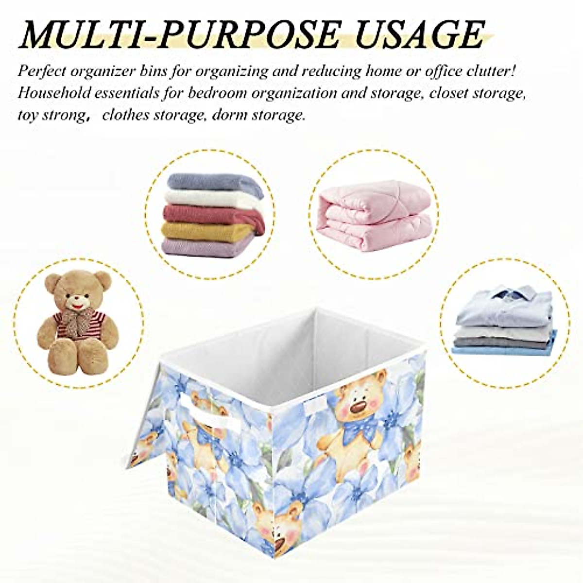 RunningBear Blue Flowers Teddy Bear Large Storage Bins with Lid Collapsible Storage Bin Dog Toy Storage Bin Fabric Storage Baskets for Closet Nursery Cabinet Living Room