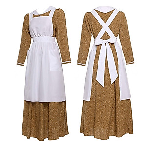 Vibsion Women Pioneer Colonial Dress Floral Prairie Dresses Pilgrim Costume Pioneer Trek Clothing Historical Dress 3Pcs