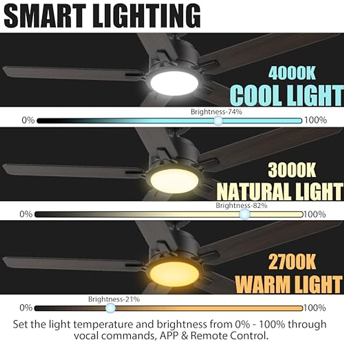 Smart 52” Ceiling Fan with Lights, DC 10 Wind Speeds Quiet Ceiling Fan with Remote, 3 Light Colors Dimmable Outdoor Ceiling Fan Compatible with Alexa, Siri & Google Home, Light Wood & Dark Walnut