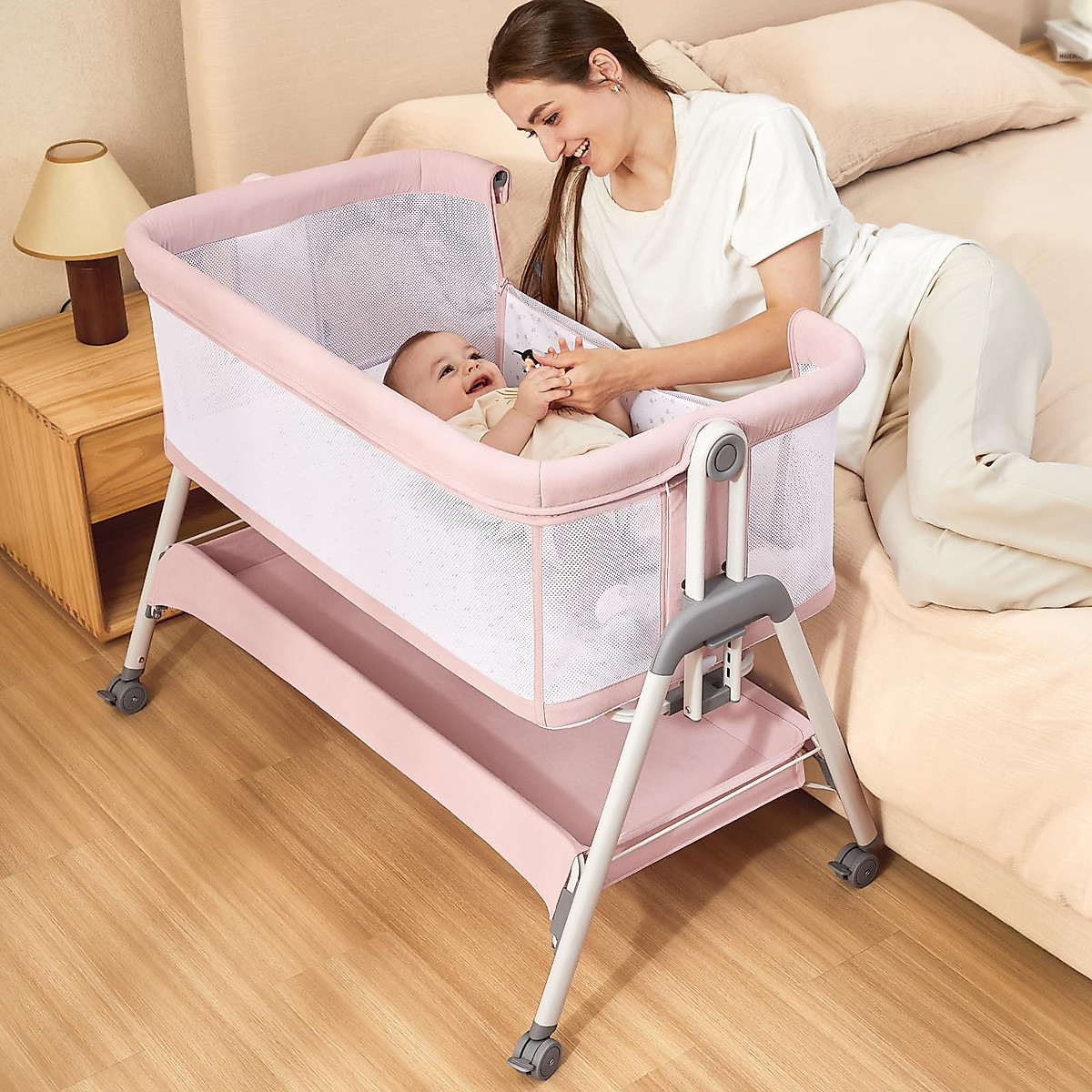 ANGELBLISS Baby Bassinet Bedside Sleeper with Gel Memory Mattress Topper, Easy Folding Portable Bassinet for Baby with Wheels, Mattress with Removable Cover