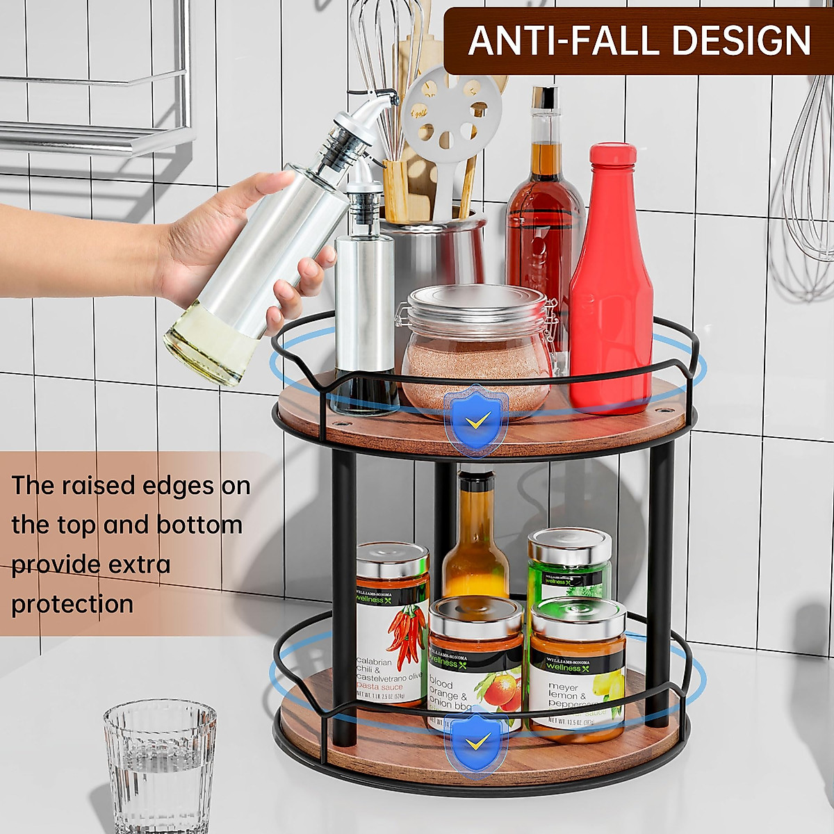 MUTUALUS Lazy Susan Organizer 2 Tier - Turntable Spice Rack for Table Top, Wooden Rotating Lazy Susan for Cabinet Pantry Kitchen Countertop Dining Table Cupboard Bathroom Vanity Storage