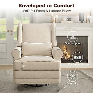 FansaFurn Recliner Comfy Upholstered Glider Lumbar Pillow and Footrest, Swivel Rocking Chair for Living Room, Beige