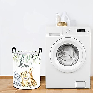 Personalized Laundry Basket Hamper,Safari Jungle Animal Greenery,Collapsible Storage Baskets with Handles for Kids Room,Clothes, Nursery Decor