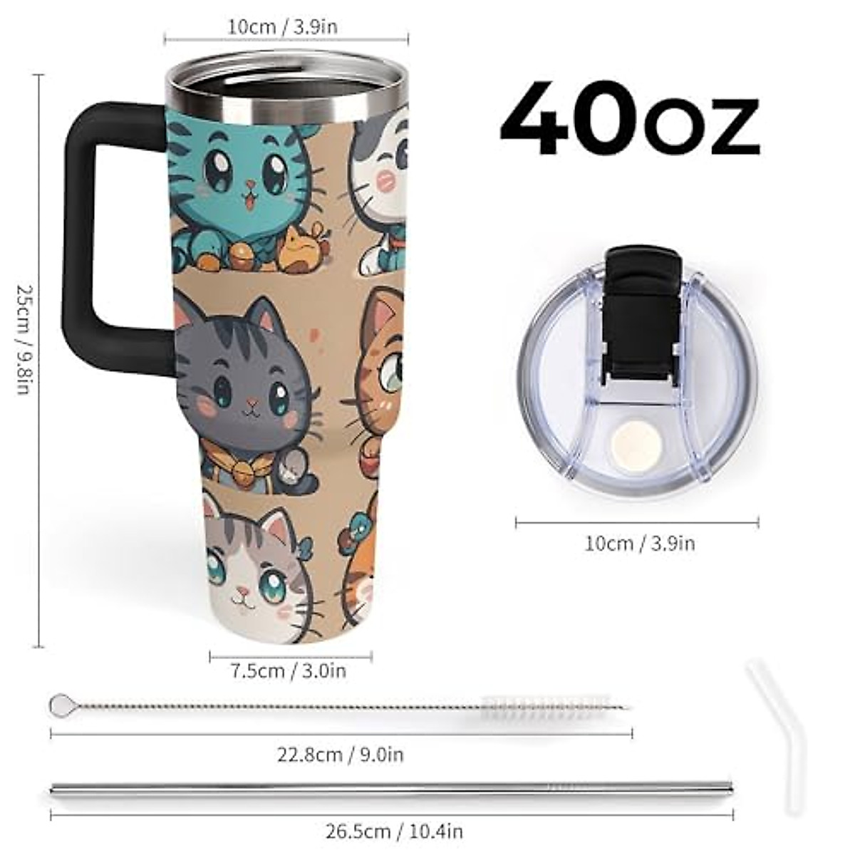 Many Cartoon Cats Insulated Stainless Steel Travel Mug, 40 Oz Tumbler with Handle And Straw Double-Wall Vacuum Coffee Cup, Leak-Proof Lid, Keeps Drinks Hot/Cold for Hours