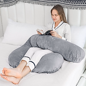 AngQi Full Body Pregnancy Pillow, Maternity Pillow for Pregnant Women and Side Sleepers, L Shaped Body Pillow with Removable Velvet Cover