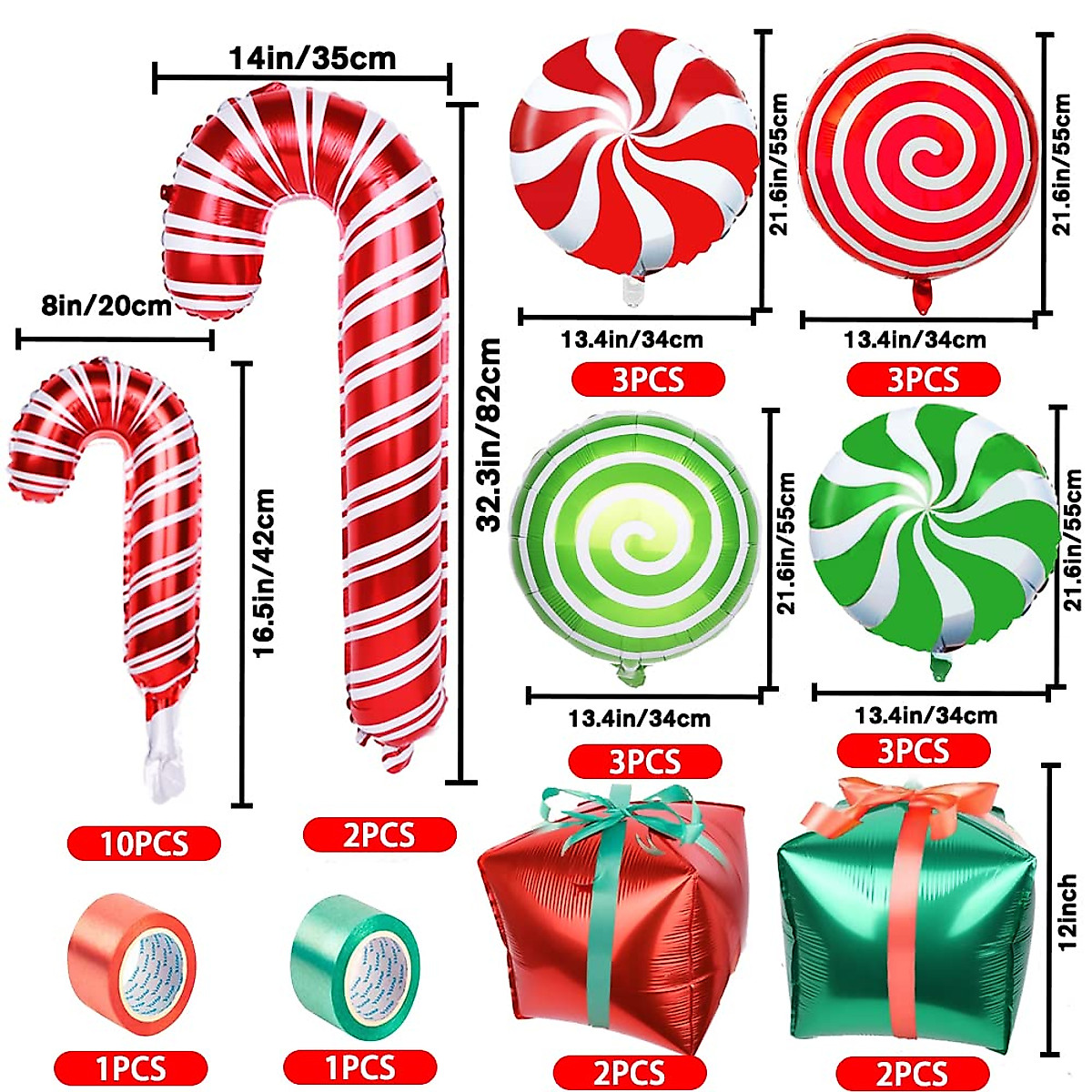 YUJUN 30Pcs Christmas Balloons Decoration Set, Candy Cane Gift Box Mylar Foil Balloons for Christmas New Year Candies Xmas Theme Party Decorations
