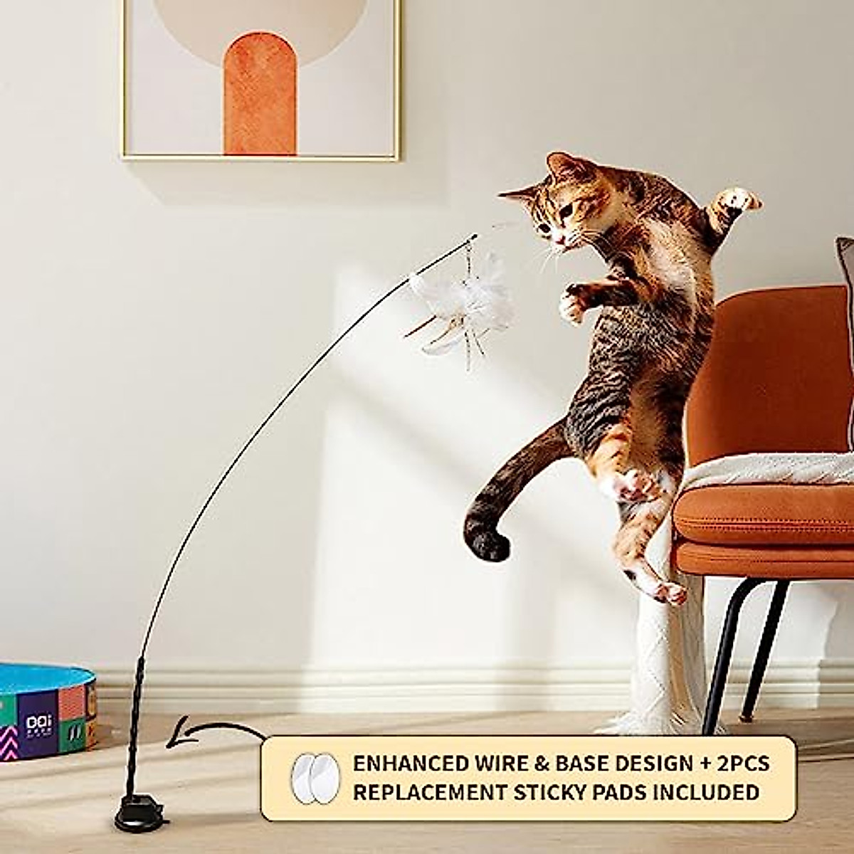 Leo's Paw The Original Interactive Bird Simulation Cat Toy Set Realistic Colorful Feathers Bells Wand Self-Holding Suction Base Stimulating Real-Life Flying Bird Impression Hunting Play (w. 5 Birds)