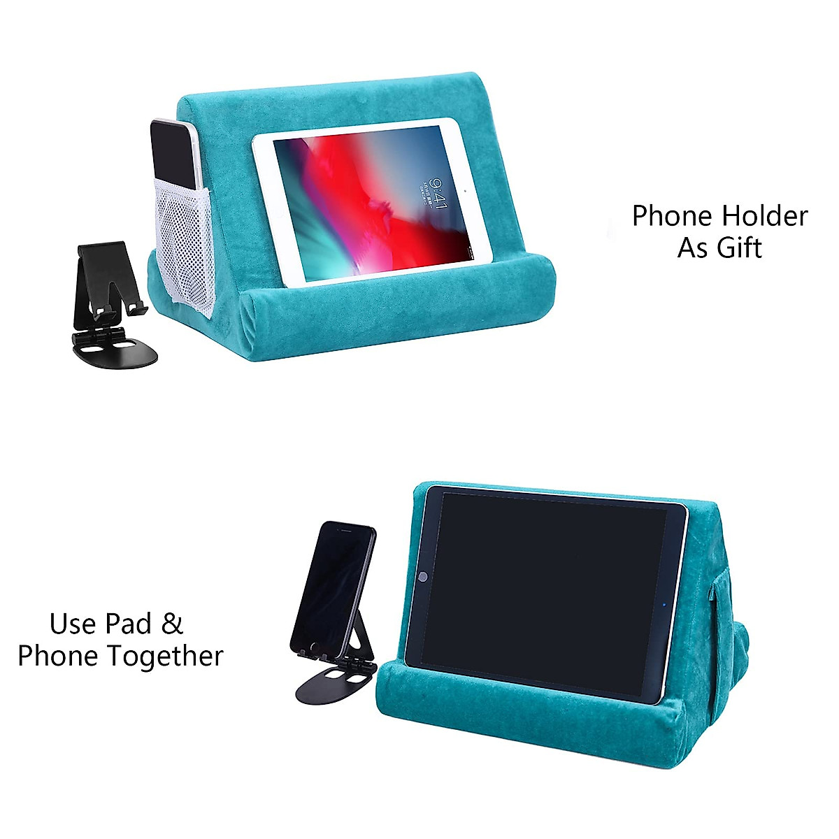 2pcs Multi-Angle Tablet Holder Cushion Stand with Net Pocket & Black Color Phone Stands Upgraded Tablet Pad Support for Phone,Pad,Books (Lakeblue)