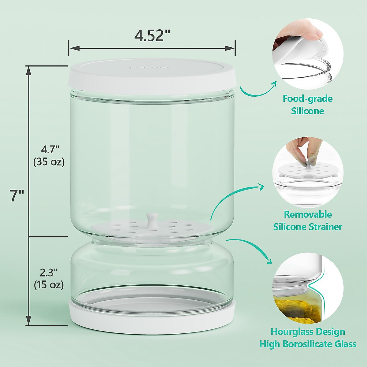 ForTidy Pickle and Olive Container with Strainer Flip - 50 OZ Airtight Glass Jar for Pickle Lover, Versatile Food Keeper, Kitchen Organization Must-Have, BPA-Free, Dishwasher Safe (White)