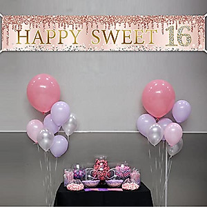 Sweet 16th Birthday Banner Decorations for Girls, Pink Rose Gold Happy Sweet 16 Birthday Sign Party Supplies, Large Sweet Sixteen Year Old Birthday Decor for Outdoor Indoor (9.8x1.6ft)