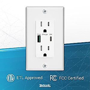 Luxtronic USB Wall Outlet Fast Charge - Tamper Resistant QC 3.0/PD 3.0 Receptacles, Type C Type A Charging Station Port, Fast Charger Compatible with iPhone, iPad, Samsung, Android Devices (2 Pack)