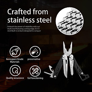 TLONER, ARES Series 12-P Pocket Size Multitool with Premium Stainless Steel Pliers, Short Dagger，Black Luxury Gift Box