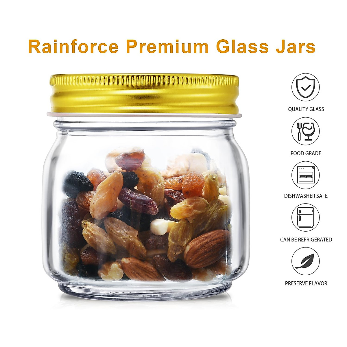 Rainforce Mason Jars 8 oz 30 Pack- Small Mason Jars With Gold Lids -1/4 Quart Canning Jars| Storage Pickling Jars For Jelly, Jam, Honey, Pickles - Spice Glass Jars - With 30 Chalkboard Labels