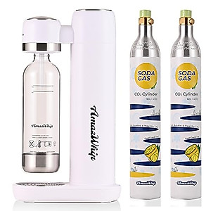 AmazWhip sparkling water maker, paired with CO2 gas canisters and 1L water bottles for Household soda water (White+ 2 canisters)