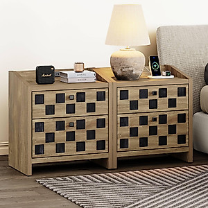 SICOTAS Wide Nightstands Set of 2 with Charging Station and USB-C Port, 24" Large Wood Night Stand with 2 Drawers, Bedside Table with Checkered Pattern Decor, End Side Table with Storage for Bedroom