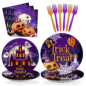 SCIONE 96 Pcs Halloween Party Supplies, Purple Halloween Plates and Napkins Trick Or Treat Tableware Set, Happy Halloween Holiday Pumpkin Ghost Dinnerware Party Decorations Serve 24 Guests