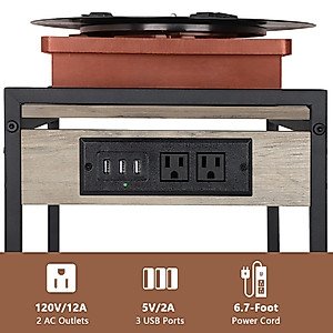 OYEAL Vinyl Record Storage Shelf 2 Tier Record Player Stand with Charging Station Grey Album Storage Rack with Wheels Vinyl Record Display Holder for Living Room Music Room, Grey