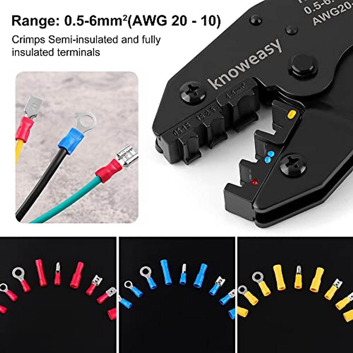 Knoweasy Wire Terminals Crimping Tool Kit, AWG20-10 Insulated Ratcheting Crimper with 700PCS Assorted Butt, Bullet, Spade, Fork and Ring Crimp Terminals Connectors