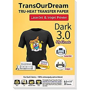 TransOurDream Iron on Heat Transfer Paper for Dark T Shirts (20 Sheets 8.5x11", Dark 3.0) Printable HTV Heat Transfer Vinyl for Inkjet & Laserjet Printer Iron On transfers for T Shirts (TRANS-D3-20)