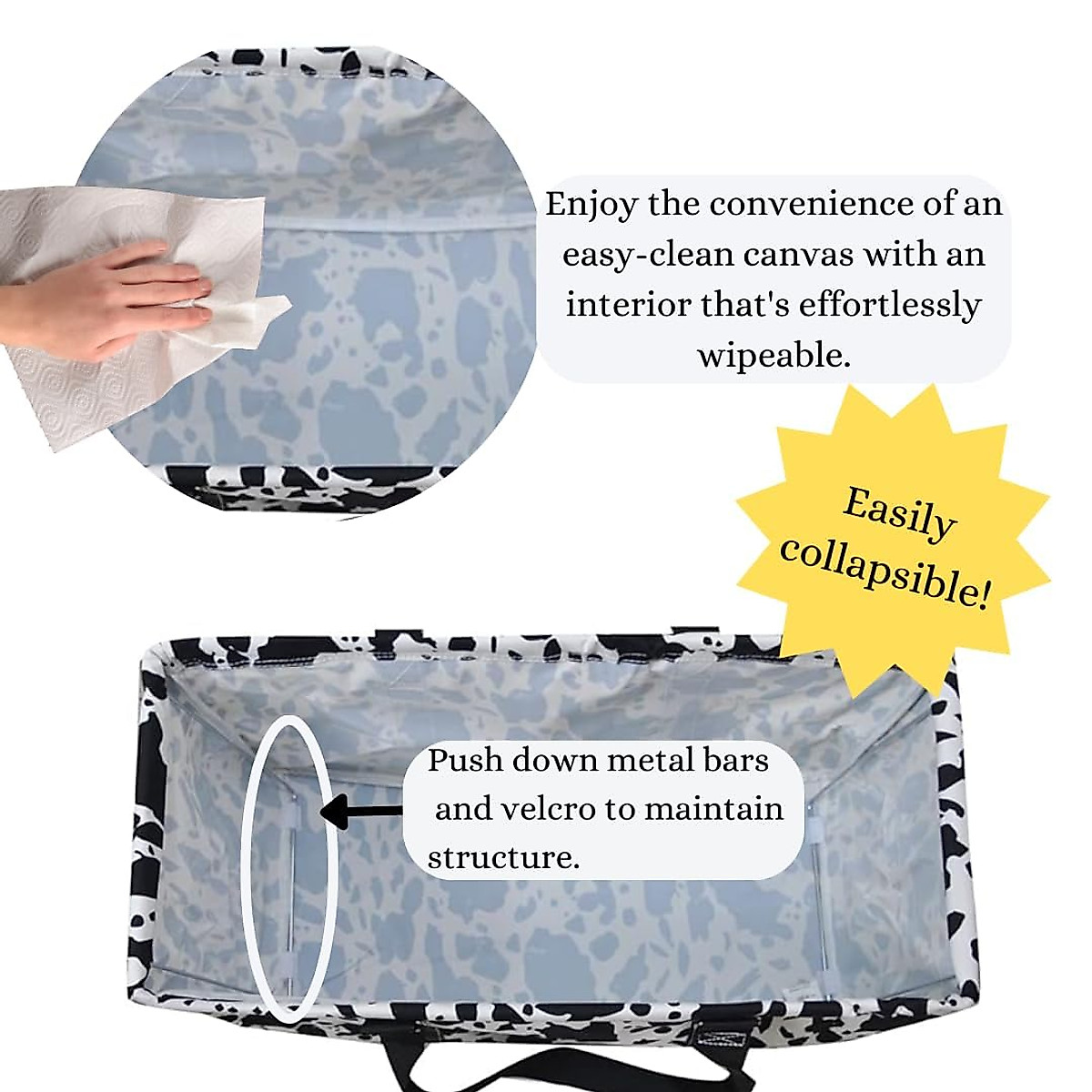 NGIL Extra Large Utility Tote Reusable Grocery Organizing Bag Oversized Collapsible for Storage, Picnic,Car, Beach (Cow Splatter Print-black)