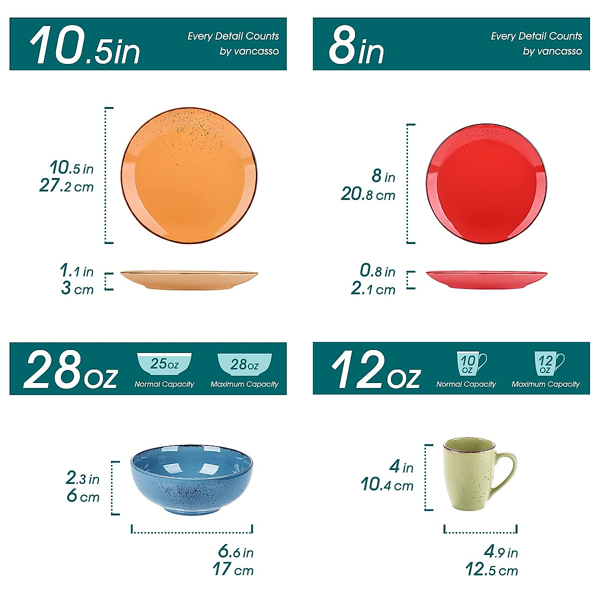 vancasso Navia Dinnerware Set 16 pieces Colorful Set for 4 Stoneware Spray Spot Patterned Service Dish with Dinner Plates, Salad Plates, Bowls, Mugs - Colorful