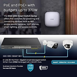 D-Link 28-Port Gigabit Smart Managed PoE+ Switch | 24 PoE+ Ports (370W) + 4 10G SFP+ Ports| L2+/L3 Lite |VLANs |Web Managed |Surveillance Mode | Rackmount | NDAA Compliant (DGS-1250-28XMP-6KV)