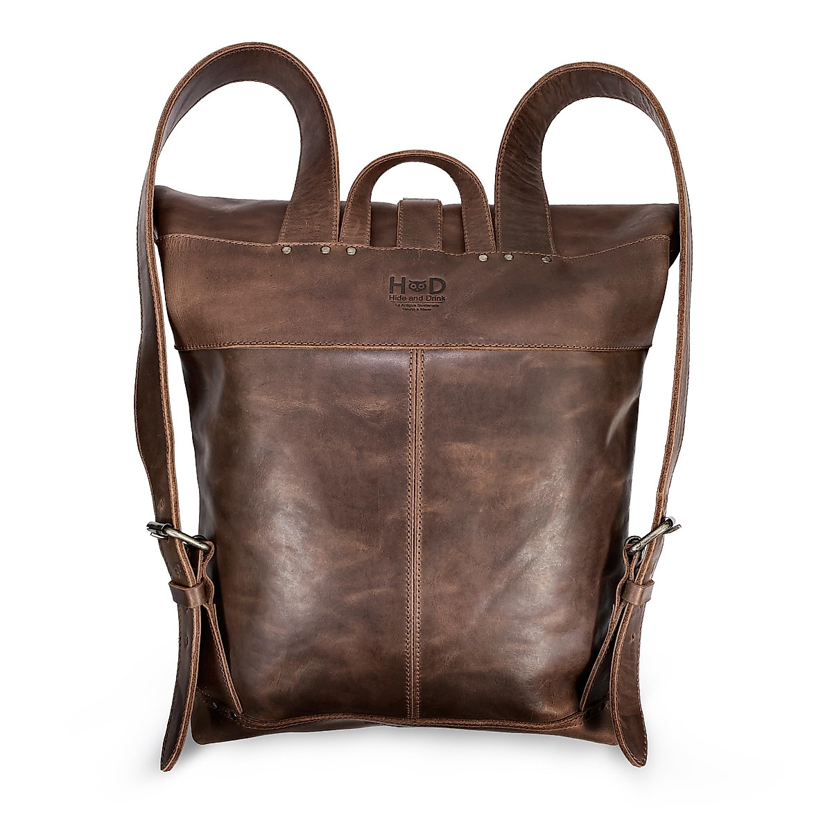 Hide & Drink, Roll Top Backpack Handmade From Full Grain Leather and Plaid Cotton - Vintage Style Rucksack - With Adjustable Shoulder Straps - Bourbon Brown