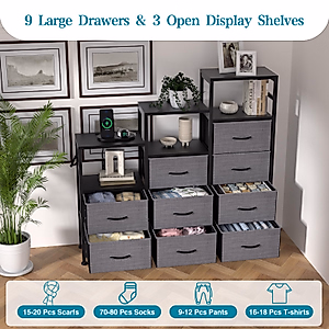 HPWLYO 9 Drawer Dresser with LED Light, Tall Fabric Drawers Dresser for Bedroom with Power Outlets, Dressers & Chests of Drawers with 3 Shelves for Bedroom