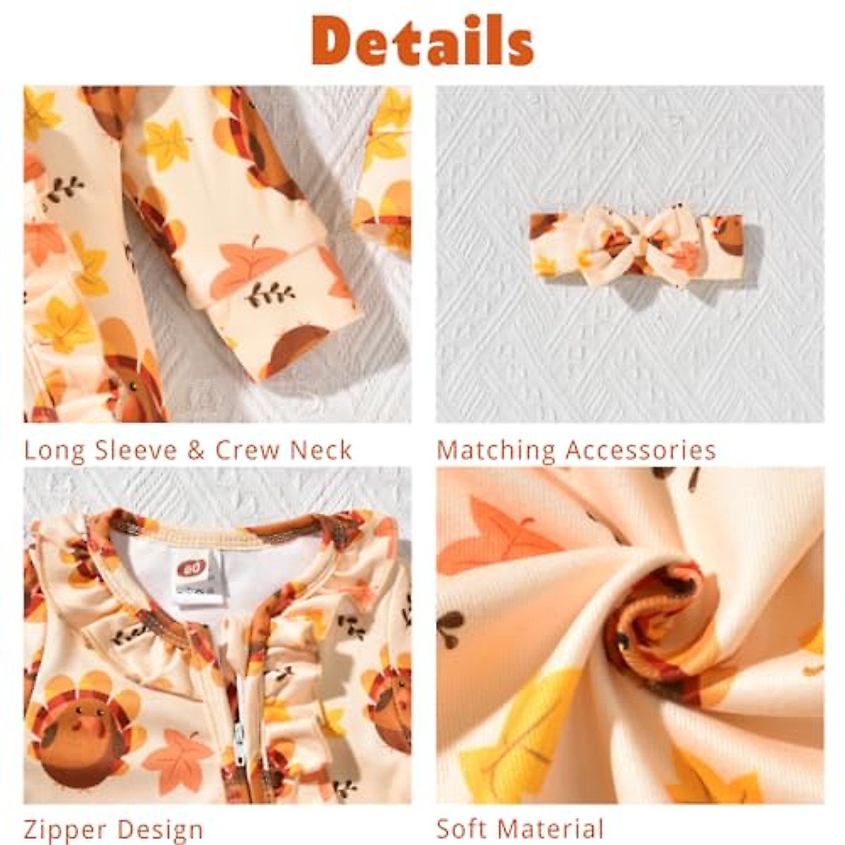 Aalizzwell 3-6 Months Baby Girls Thanksgiving Clothes Premature Long Sleeve Zip Up Romper One Piece Turkey Fall Autumn