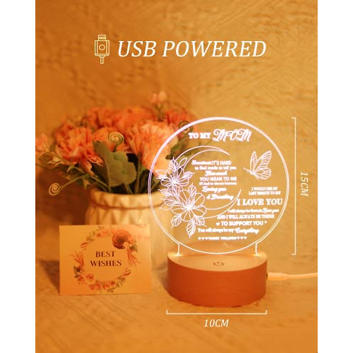 NISCHA Mothers Day Gifts from Daughter Son,Top Mother's Day Presents Ideas,Unique Mom Birthday Gift,3D Acrylic Night Lamp with Wooden Base and Greeting Card,3 Colors Touch Control (to my mom)