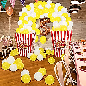 2 Pieces Giant Popcorn Box Cardboard Stand up with 100 Balloons Movie Popcorn 3D Popcorn Box Cardboard Stand up and Yellow White Popcorn Theme Balloons Carnival Decorations for Movie Themed Party
