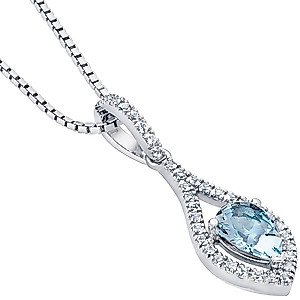 PEORA Aquamarine Pendant for Women 14K White Gold with White Topaz, Teardrop Halo Design, Genuine Birthstone Gemstone, 0.86 Carat Pear Shape 7x5mm, with 18 Inch Chain