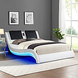 Upholstered LED Bed Frame, King Size Smart LED Platform Bed Frame with Curve Design and Headboard, Wooden Slats Support, No Box Spring Needed, White