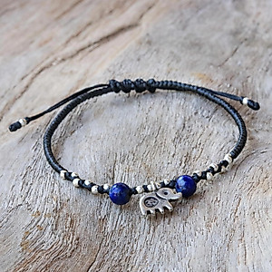 NOVICA Artisan Handmade Lapis Lazuli Beaded Bracelet Karen Silver Elephant Fine Blue Charm Thailand Hill Tribe Animal Themed Buddhism Hinduism Spiritual [7 in min L x 9.75 in max L 2 mm W Pendant(s)]
